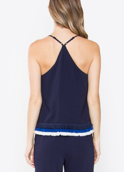 Navy Cami with Blue and White Hem Fringe Detail and Adjustable Straps ...