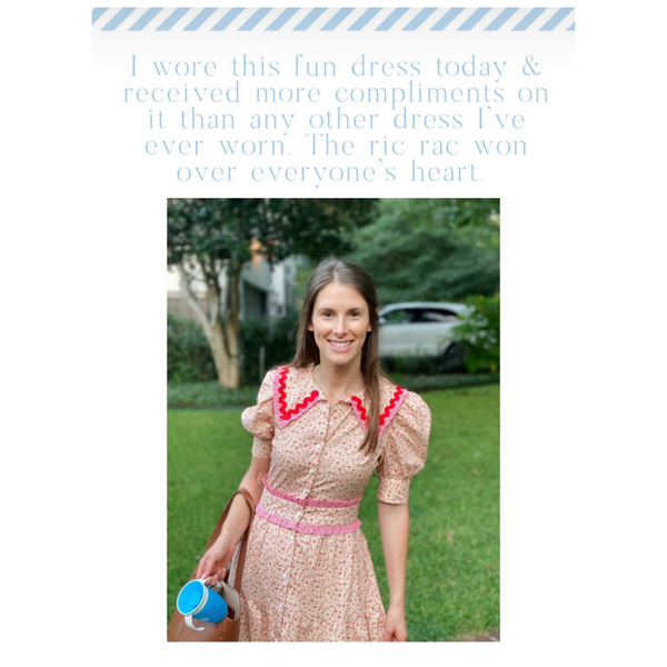 Neutral Micro Floral Francis Dress with Red Ric Rac Embroidery Trim ...