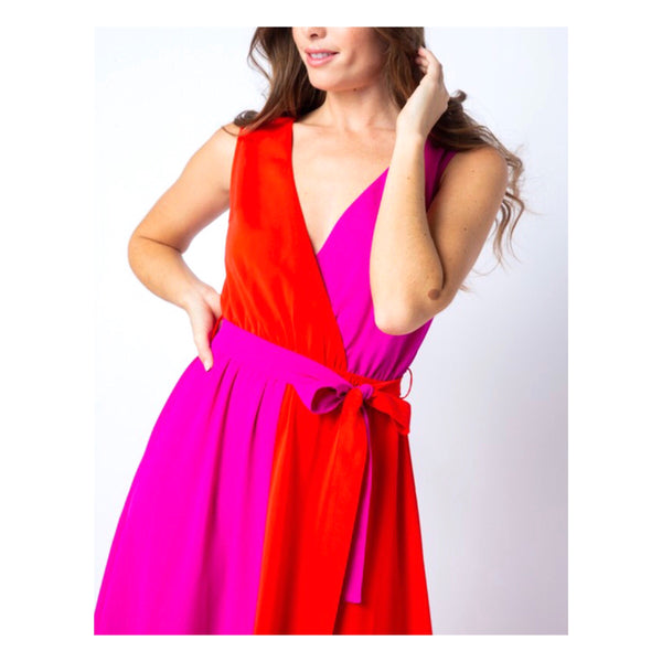 Red & Fuchsia Colorblock Maxi Dress with Self Tie Belt - James Ascher