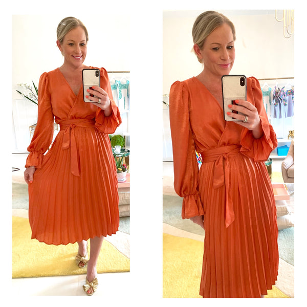 Mandarin Sheen Pleated Midi Faux Wrap Dress with Self Tie Sash & Ruffle ...