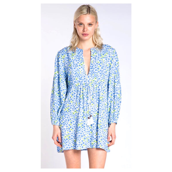 Blue & Neon Green Floral Print Long Sleeve Tunic Dress OR Tunic Top ...