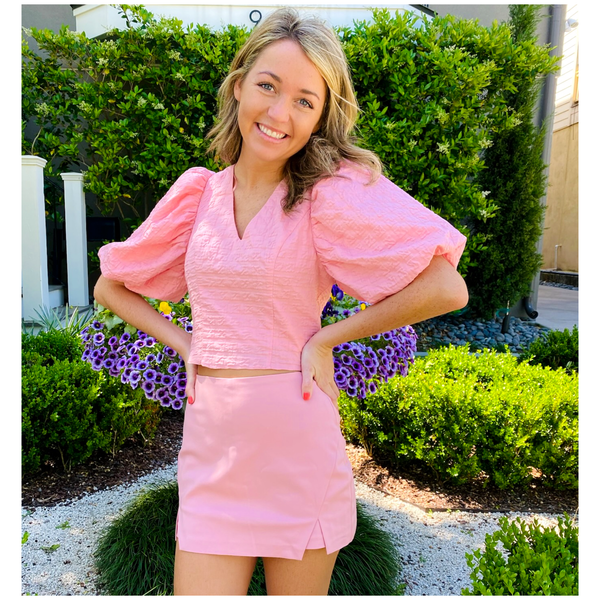 Pink Puff Sleeve Jacquard Tally Top - James Ascher