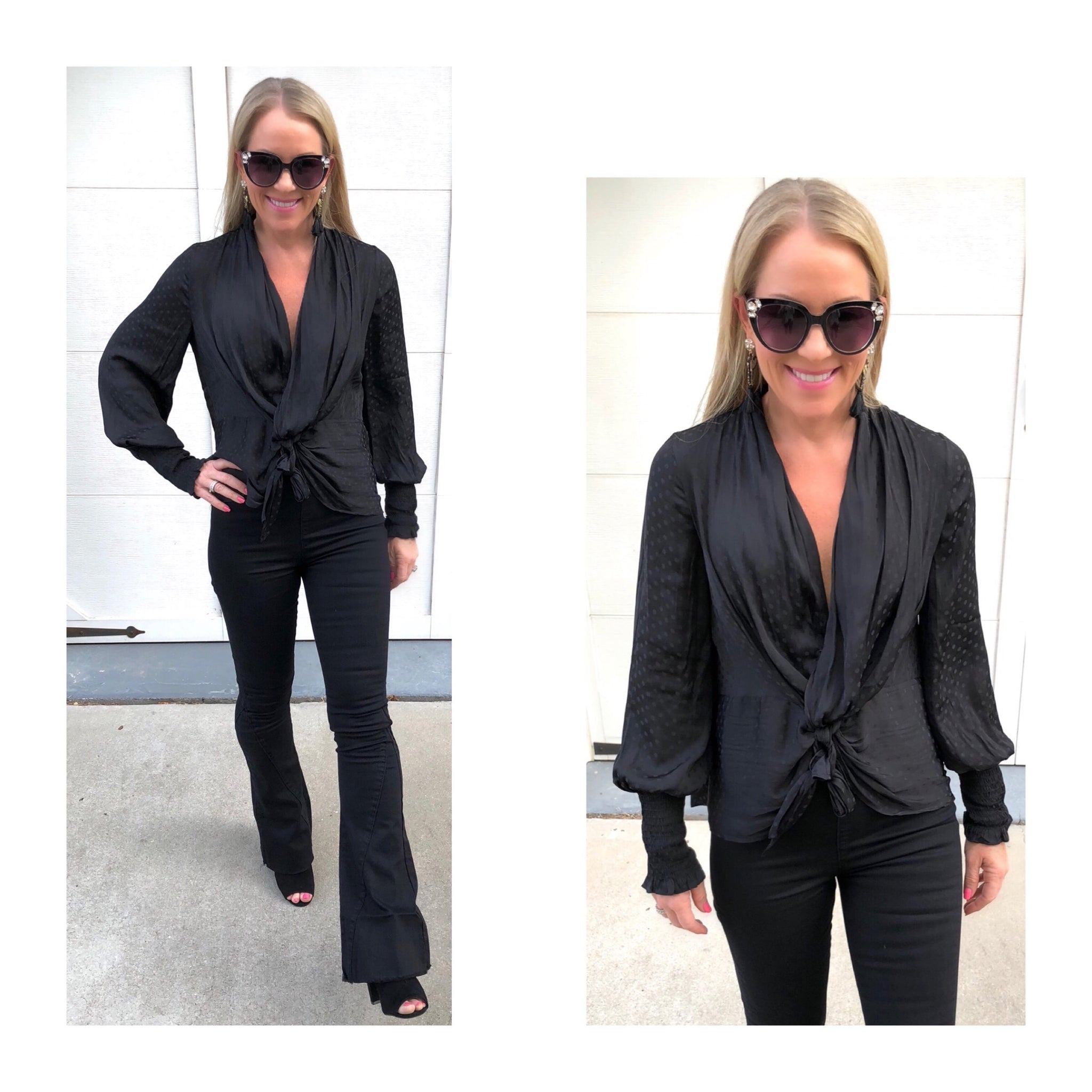 Black Kimono Style High Low Blouse with Smocked Sleeves Black Kimono Style High Low Blouse with Smocked Sleeves