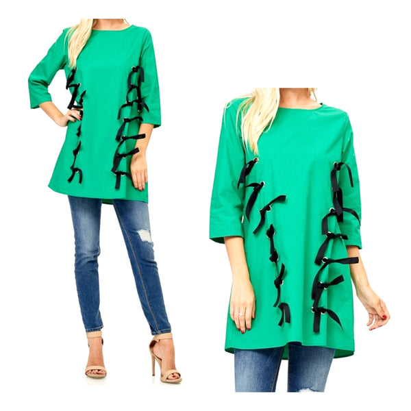 Kelly Green 3/4 Sleeve Tunic Top OR Dress with Grommet & Black Tie ...